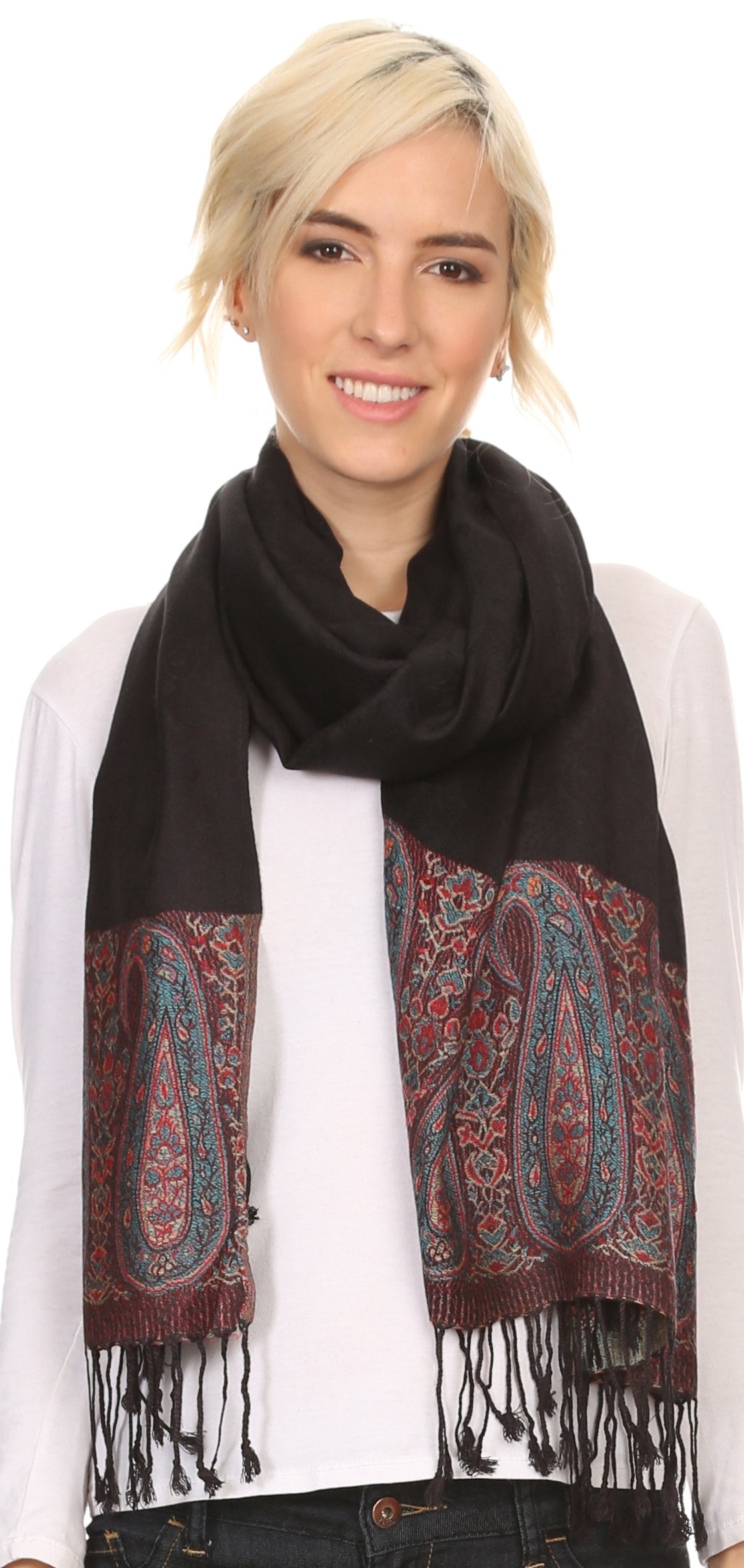 Sakkas Bela Long Wide Multi Patterned Tassel Fringe Pashmina Shawl / W