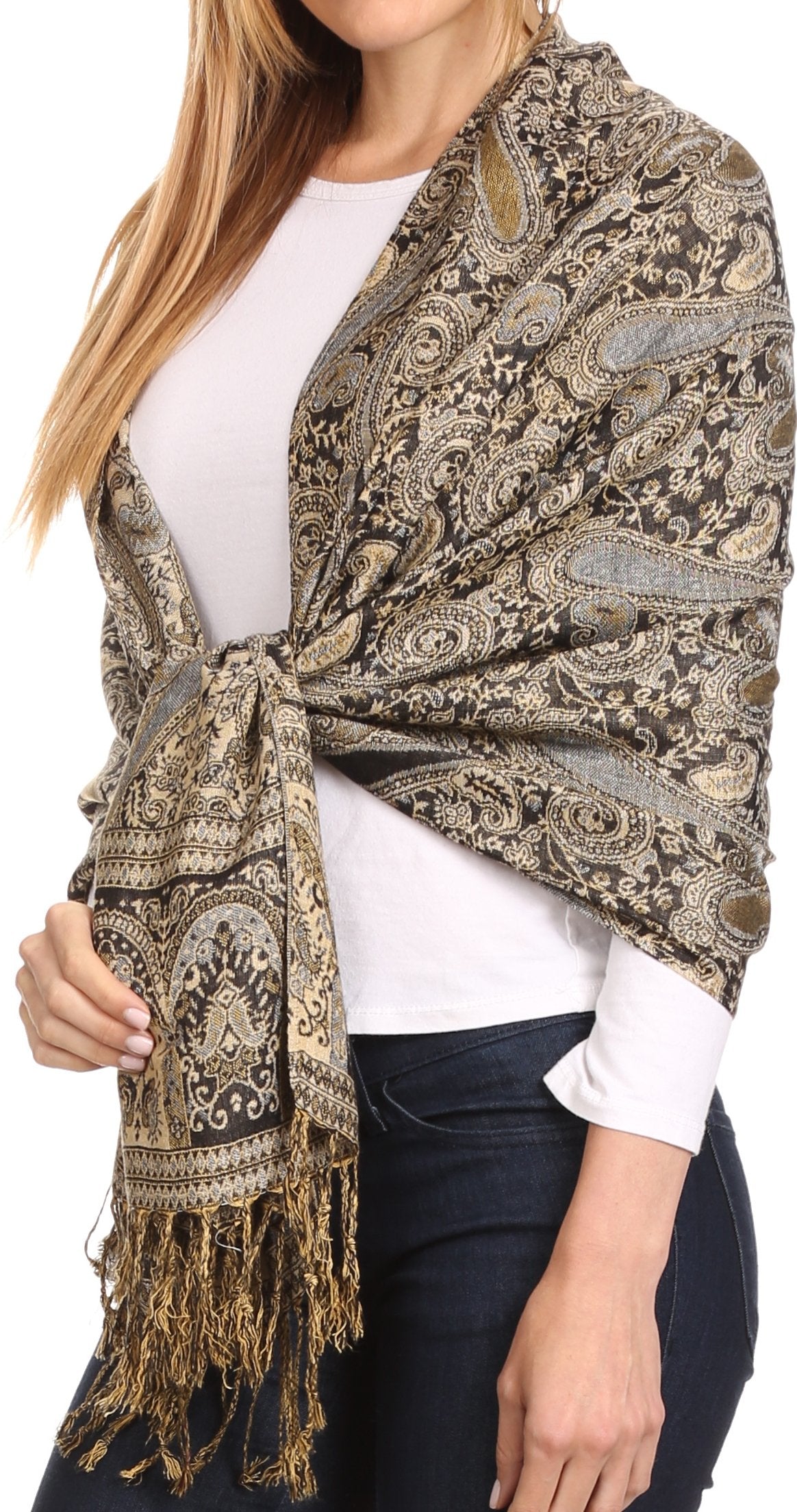 Sakkas Kalin Long Wide Woven Patterned Fringe Tassel Pashmina Shawl