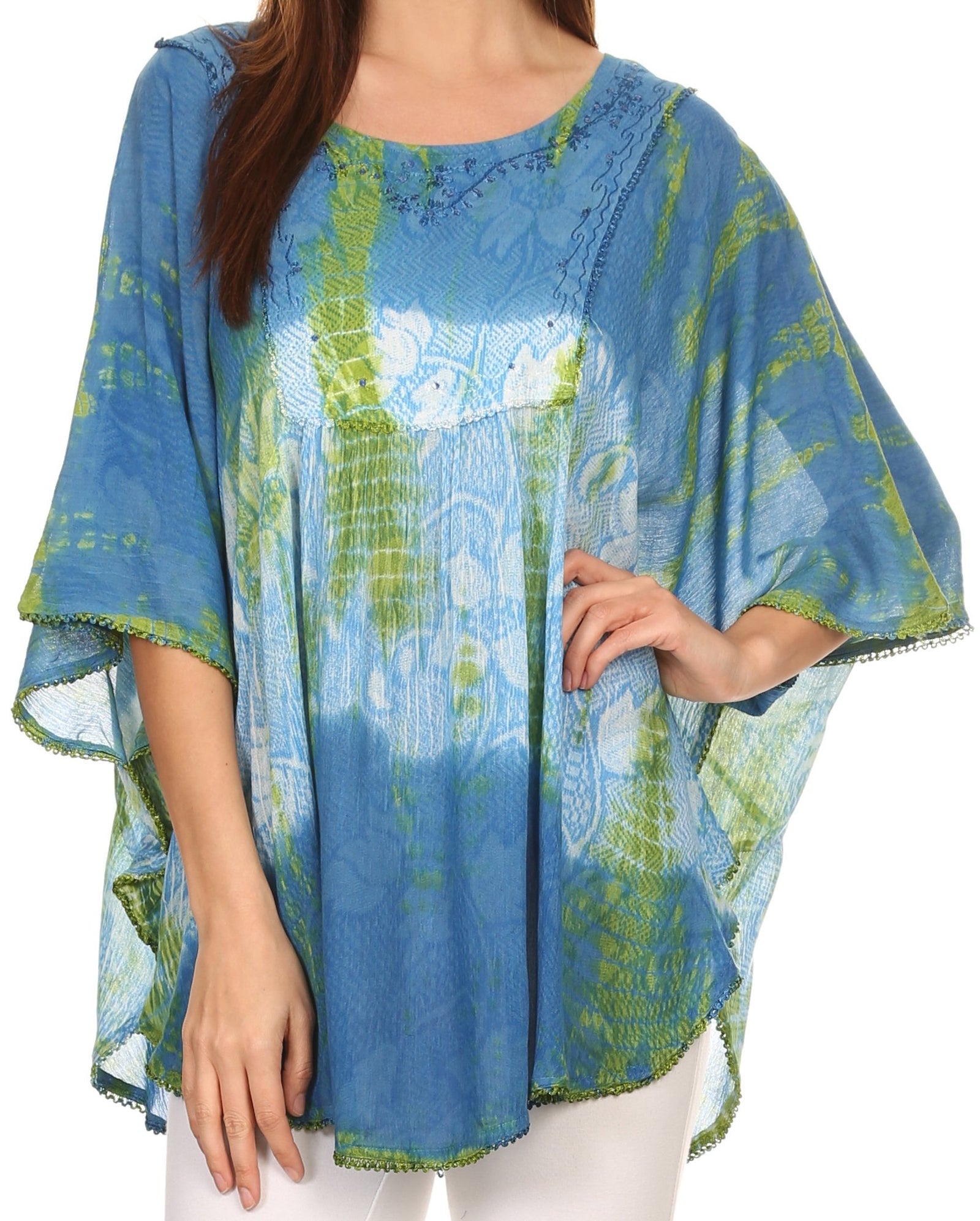 Sakkas Ellesa Ombre Tie Dye Circle Poncho Blouse Shirt Top With Sequin