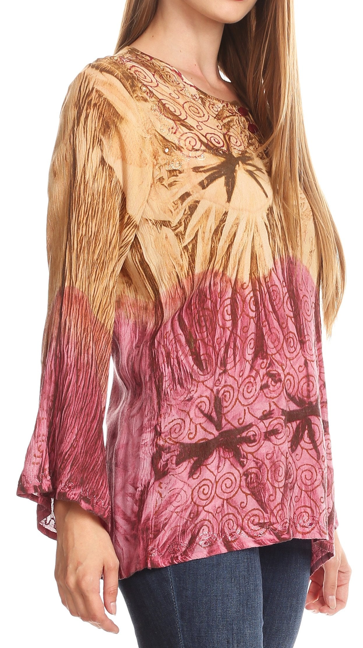 Sakkas Janel Long Bell Sleeve Tie Dye Blouse with Sequins and Embroide