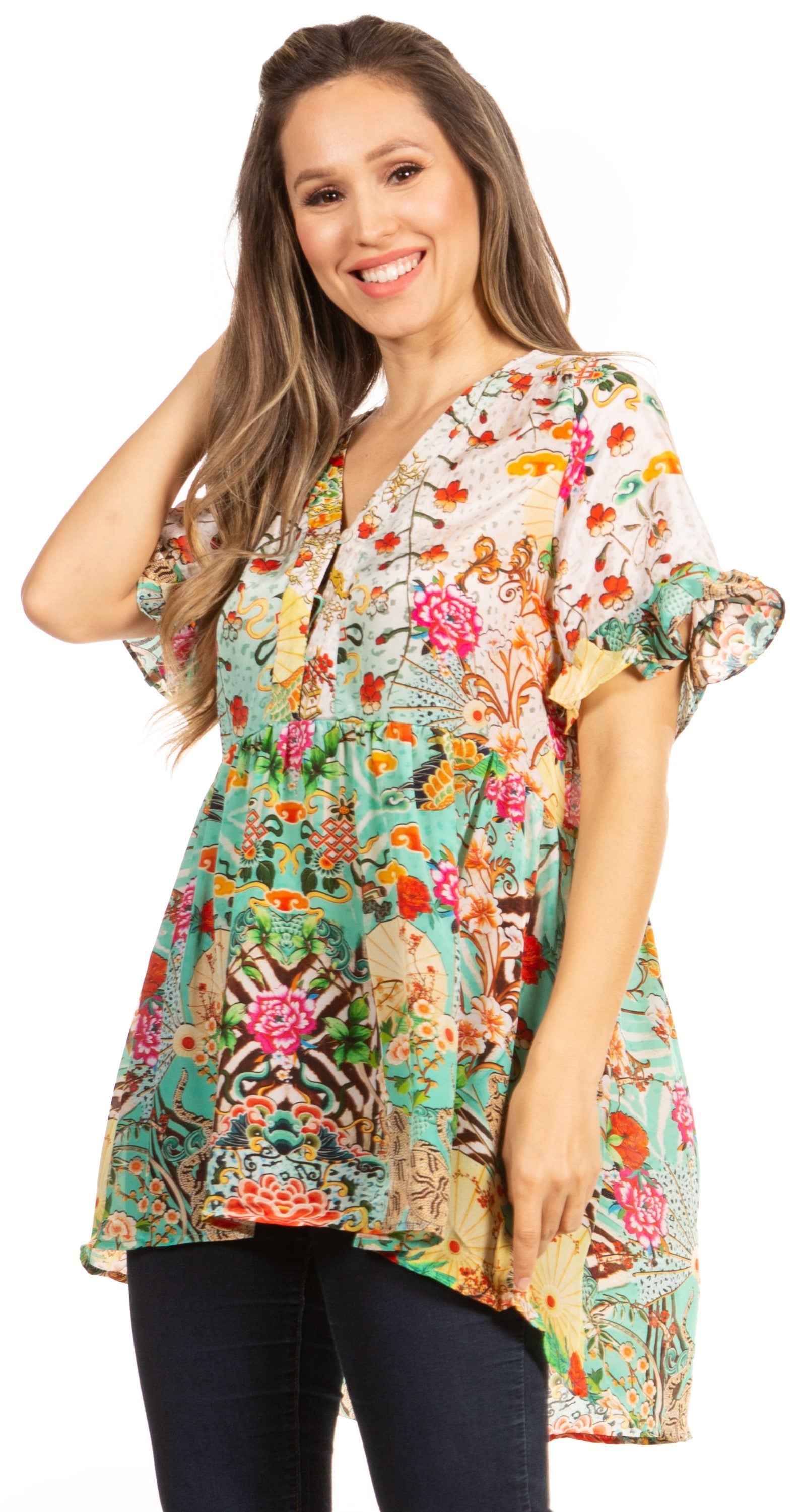Get Summer Ready with Sakkas Eli Women's Floral Ruffle Top Blouse Tuni