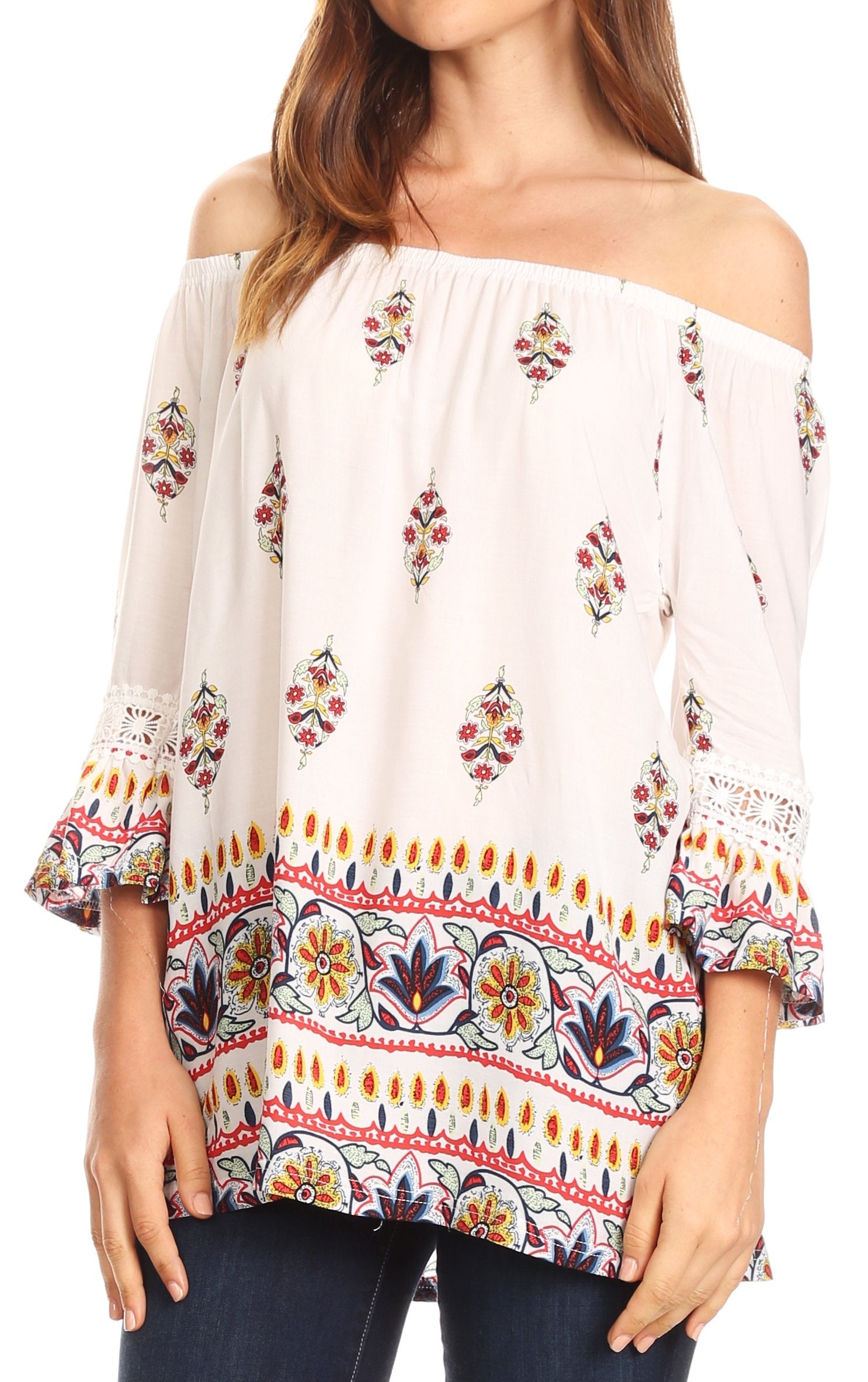 Sakkas Licia Peasant Boho Off-shoulder Top Blouse Floral Paisley with