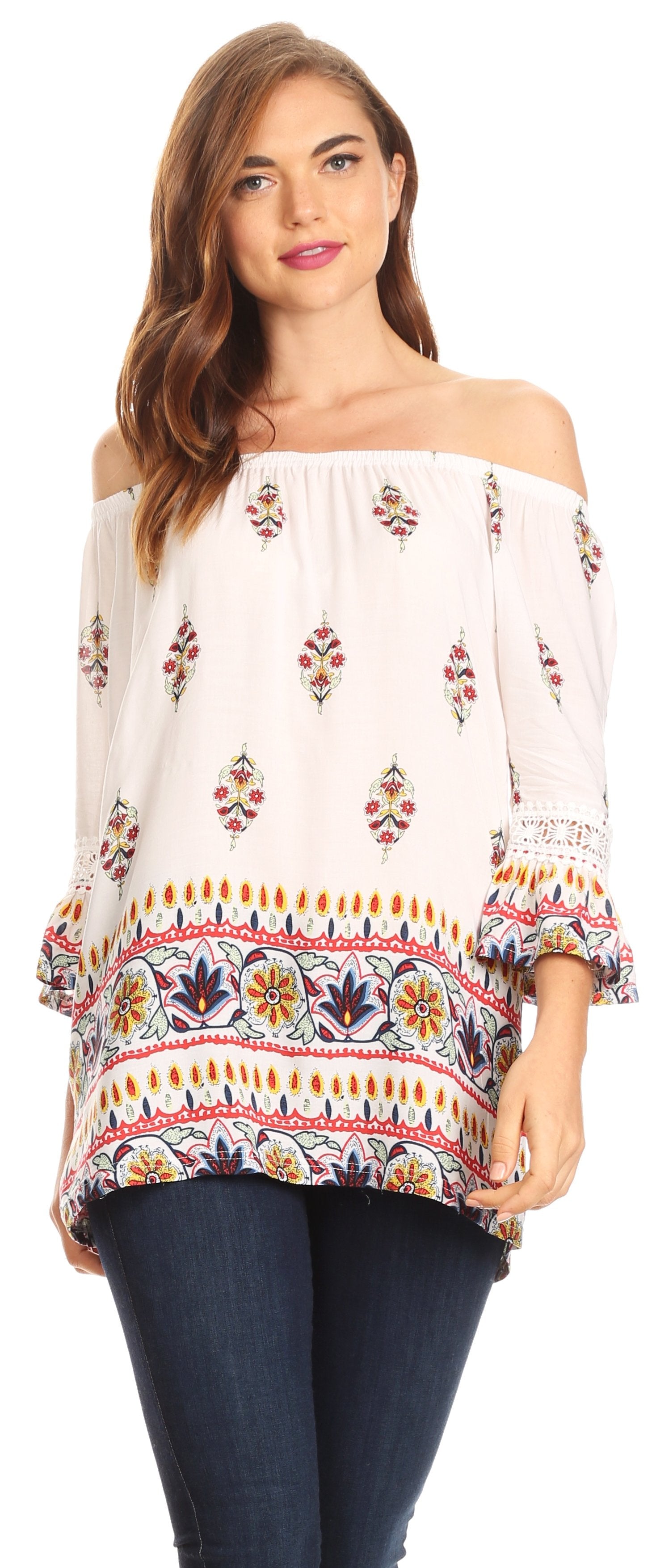 Sakkas Licia Peasant Boho Off-shoulder Top Blouse Floral Paisley with